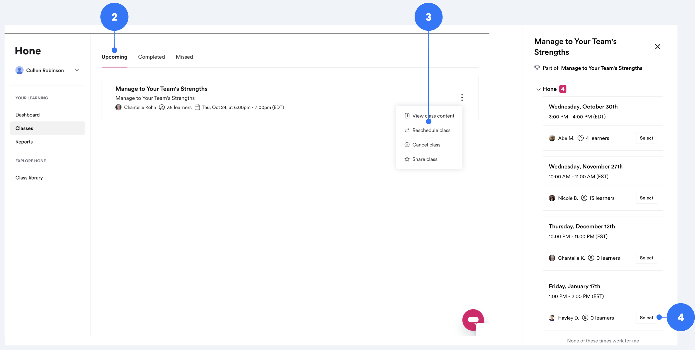 Steps to Reschedule a Class – Hone Learner